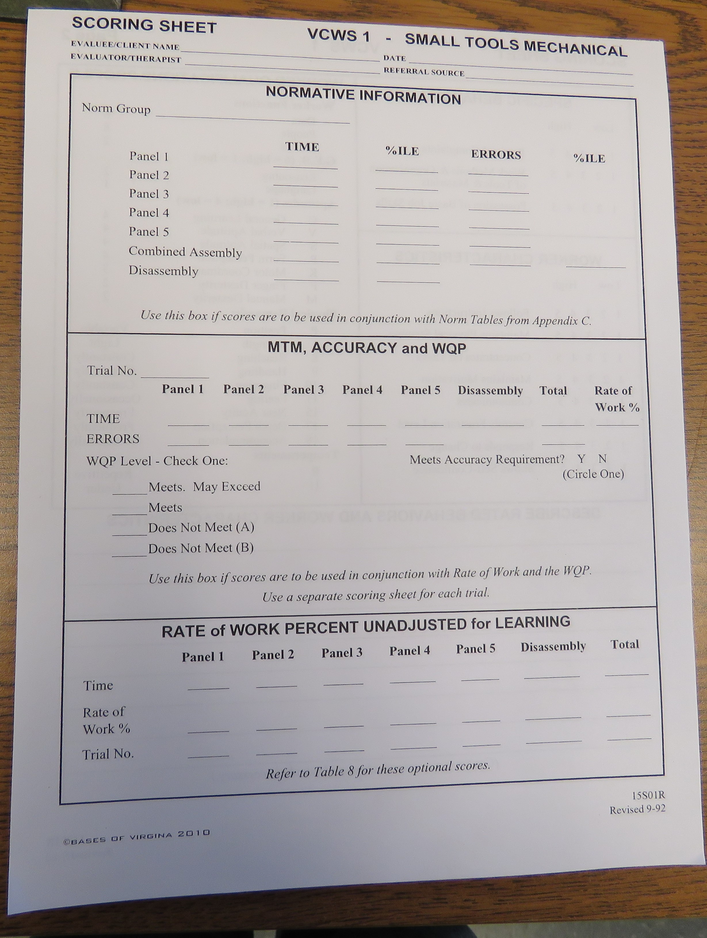 15S01R Revised Score Pad - Bases of Virginia